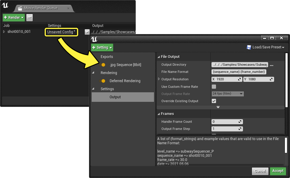 Movie Render Queue’s render settings in Unreal Engine