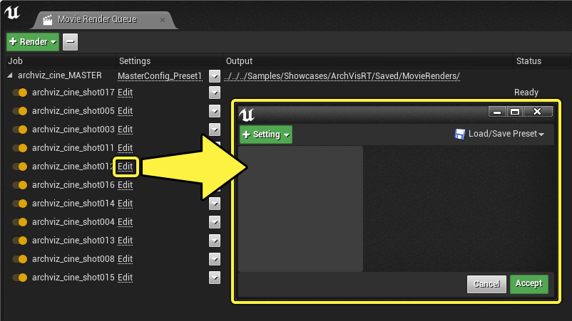 Movie Render Queue’s render settings in Unreal Engine